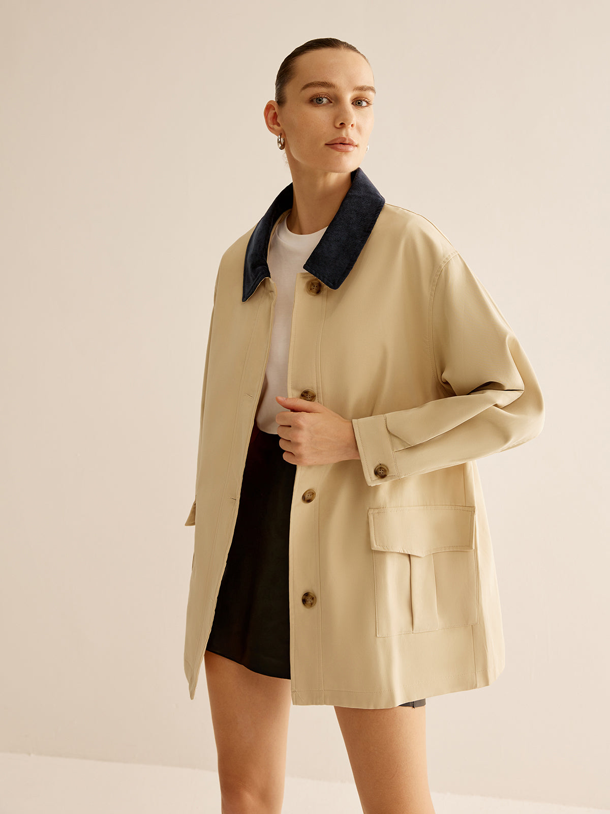 Oversized Cotton Contrast Collar Button Jacket | COMMENSE