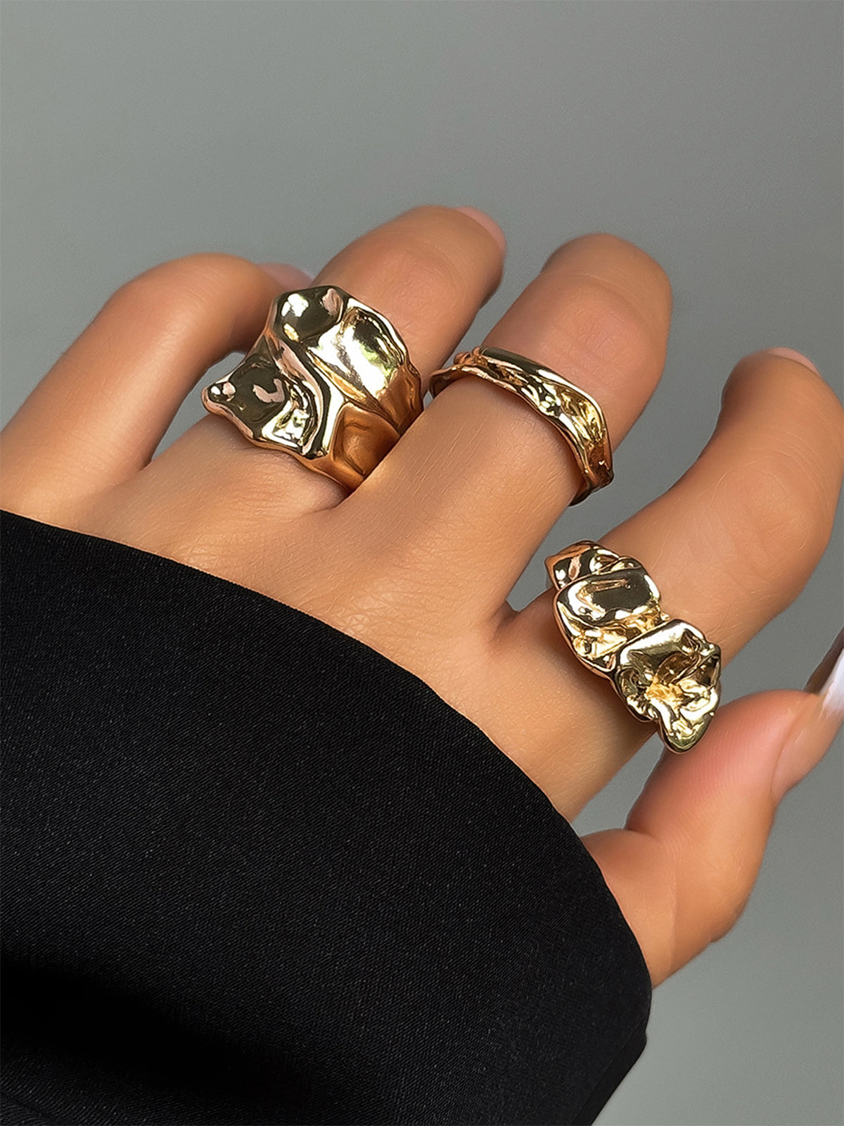 Three-Piece Irregular Golden Tone Ring Set – COMMENSE