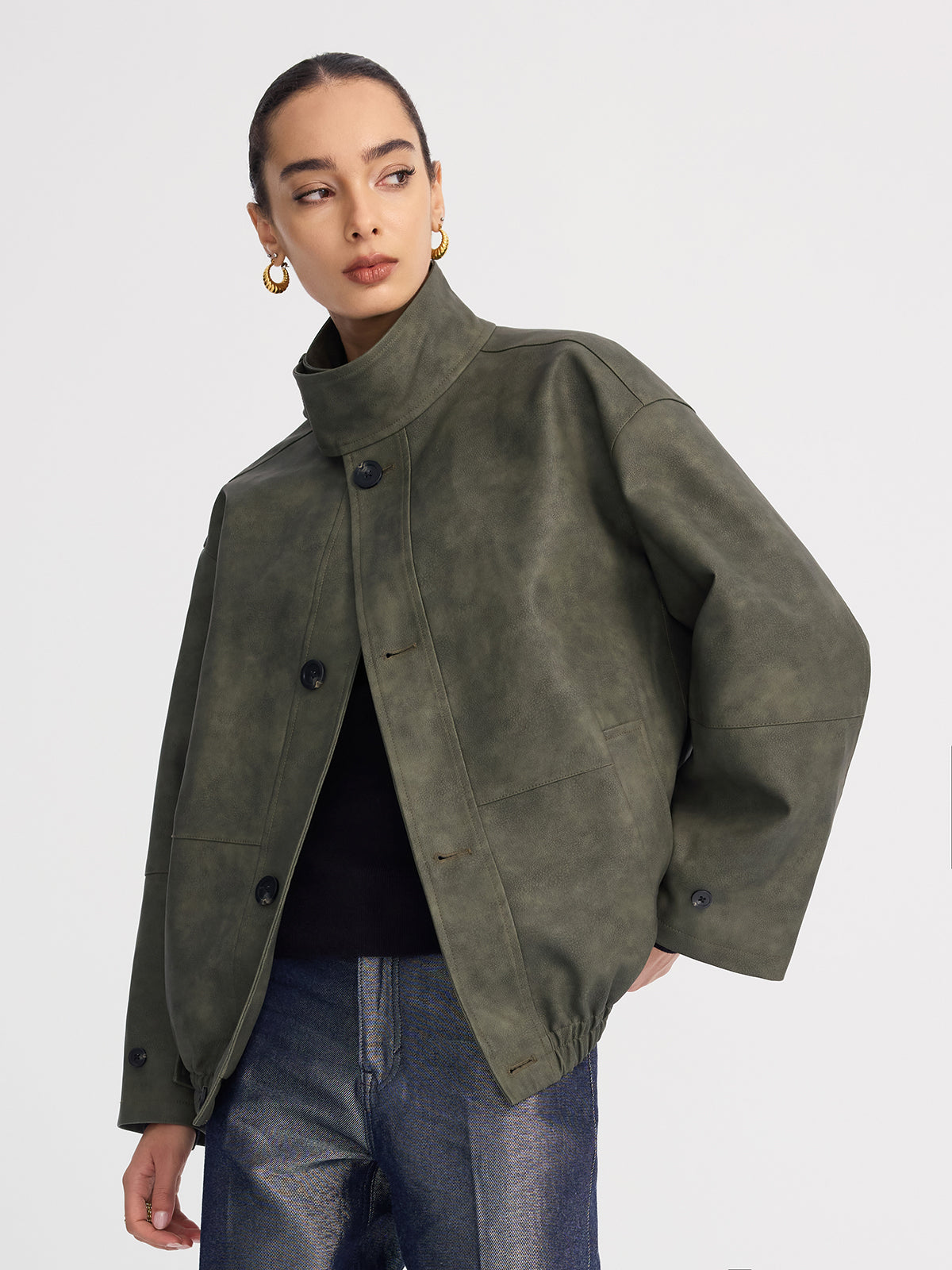 Stand-Collar Oversized Faux Suede Jacket | COMMENSE