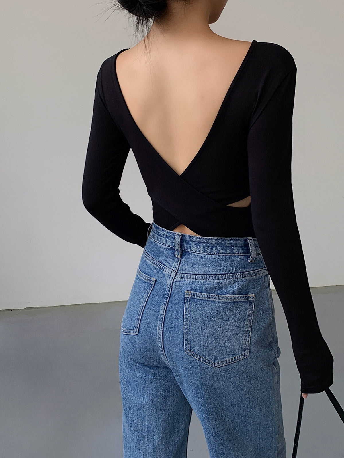 V-Shape Open Back Long Sleeve Shirt | COMMENSE
