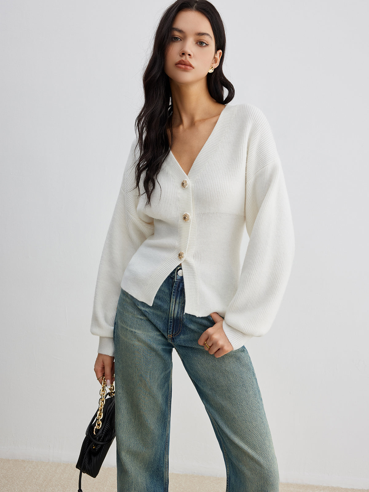Elegant Button Slit Cinched Cardigan | COMMENSE