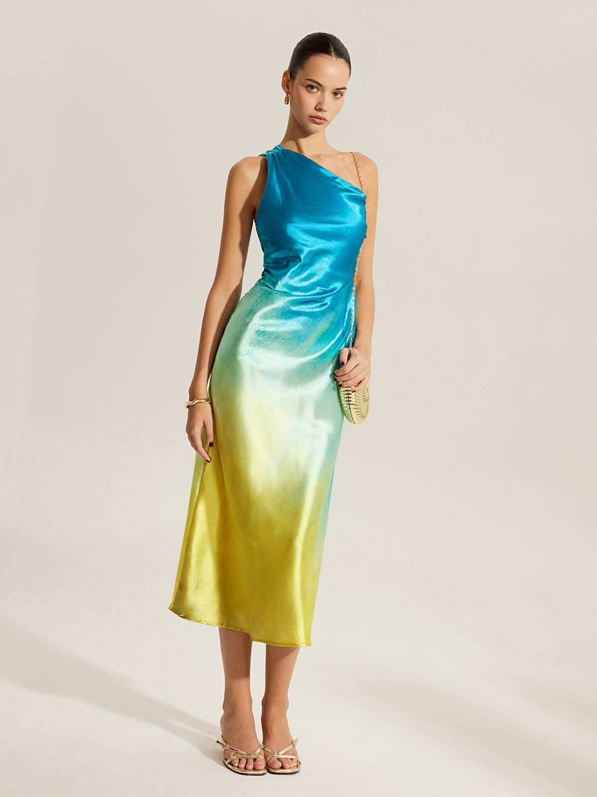 Gradient Satin One-Shoulder Dress With Back Twist Detail | COMMENSE