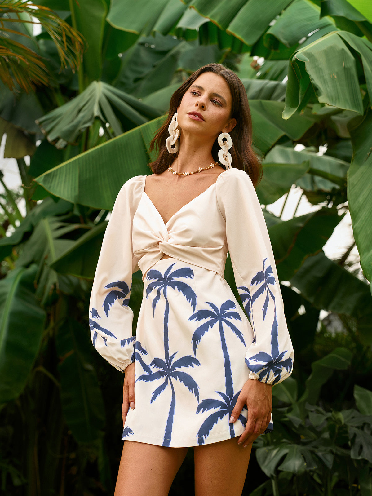 Long Sleeve Twist Front Print Dress | COMMENSE