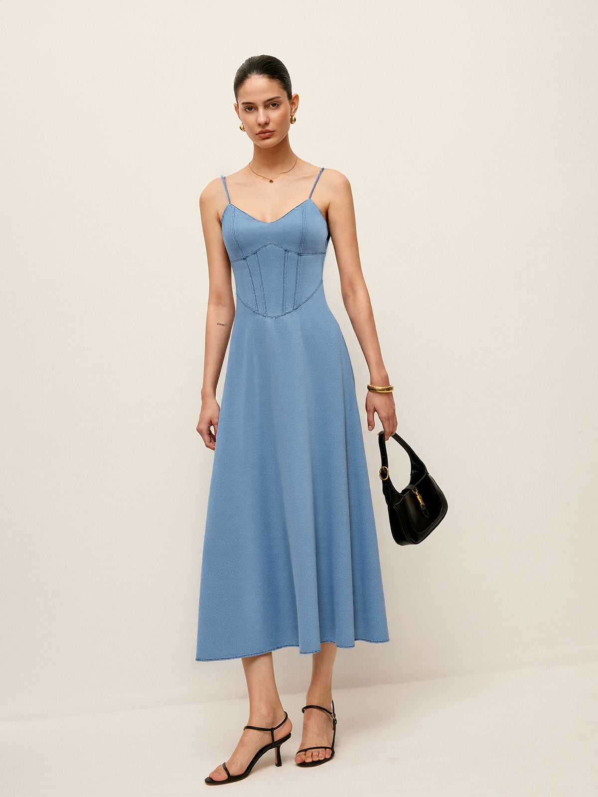 Denim Spaghetti Strap Midi Dress | COMMENSE