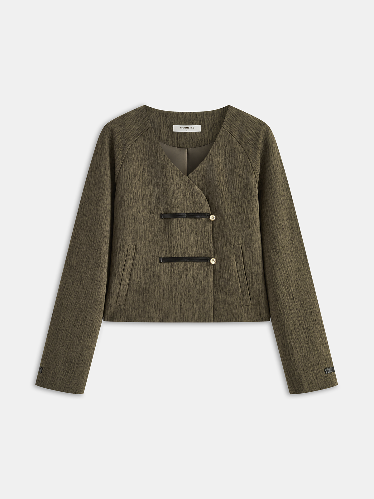 Cropped Jacket with Faux Leather Fasteners | COMMENSE