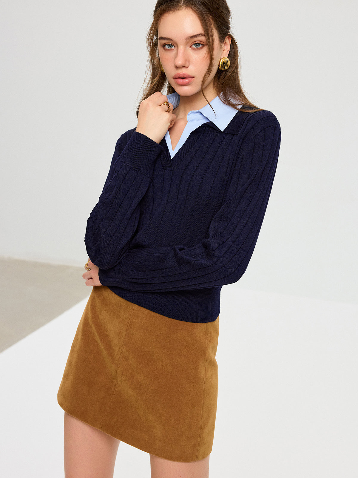 Shirt Collar Panel Knit Top | COMMENSE