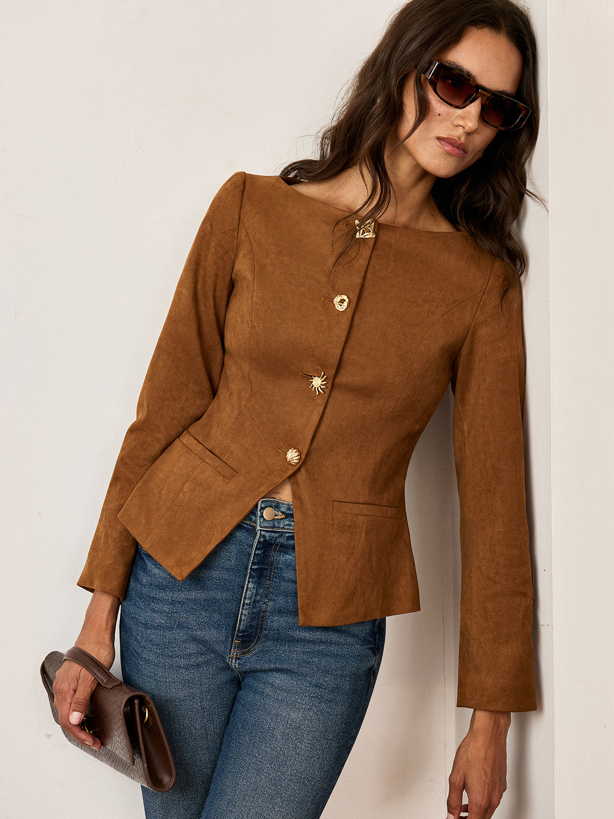 Suede Effect Fitted Metal Button Jacket | COMMENSE